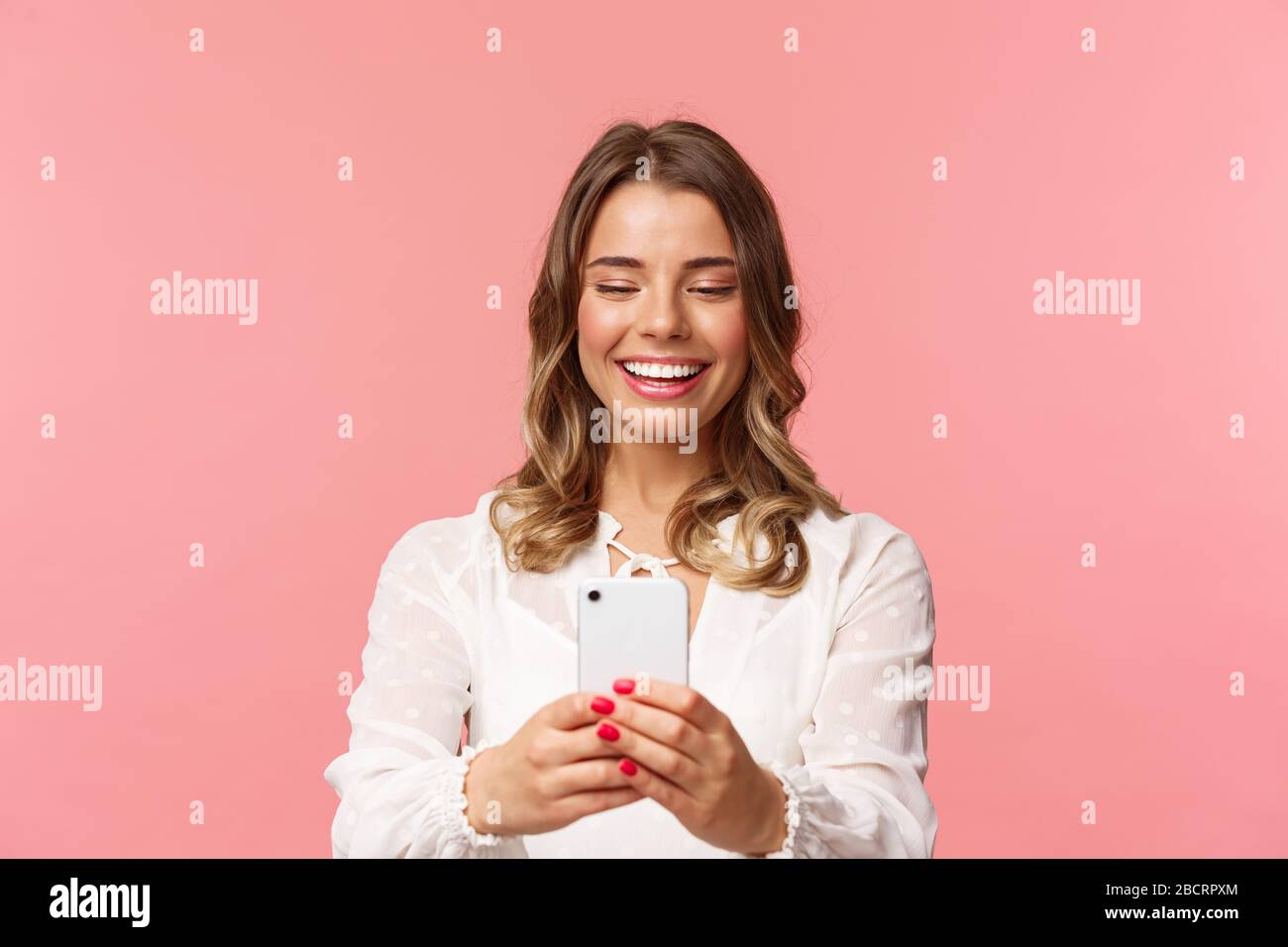 Close-up portrait of happy charming caucasian woman with short fair ...