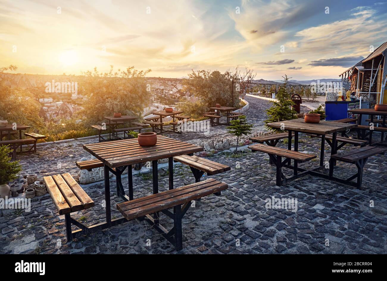 Restaurant with tables at view point on the hill in Goreme at beautiful ...