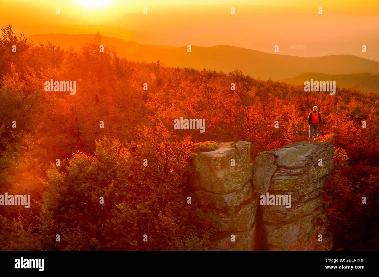 Man sitting on the top of the rock under the mist, sunrise sky and ...