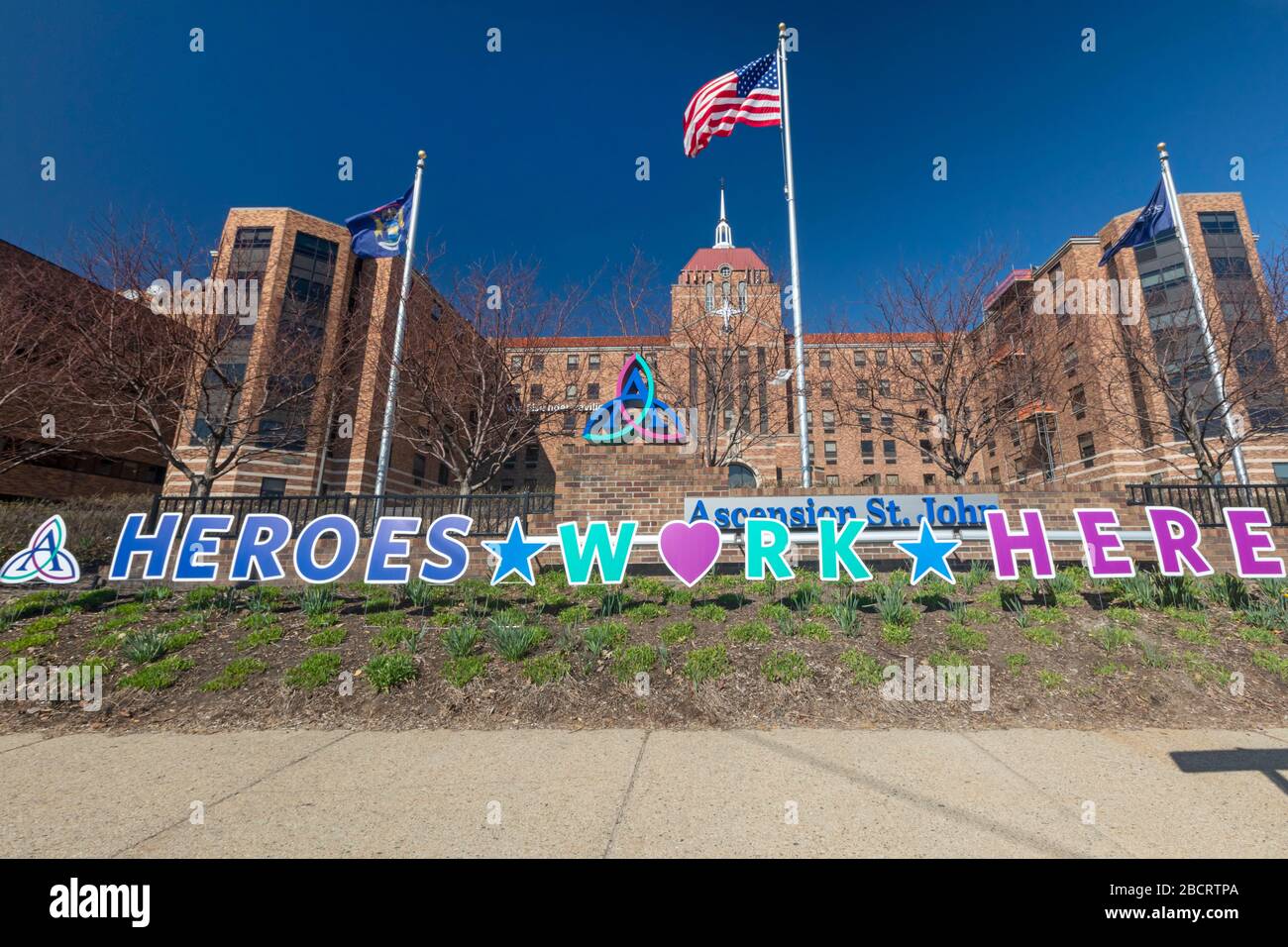Detroit, Michigan - "Heroes Work Here," a sign in front of Ascension St ...