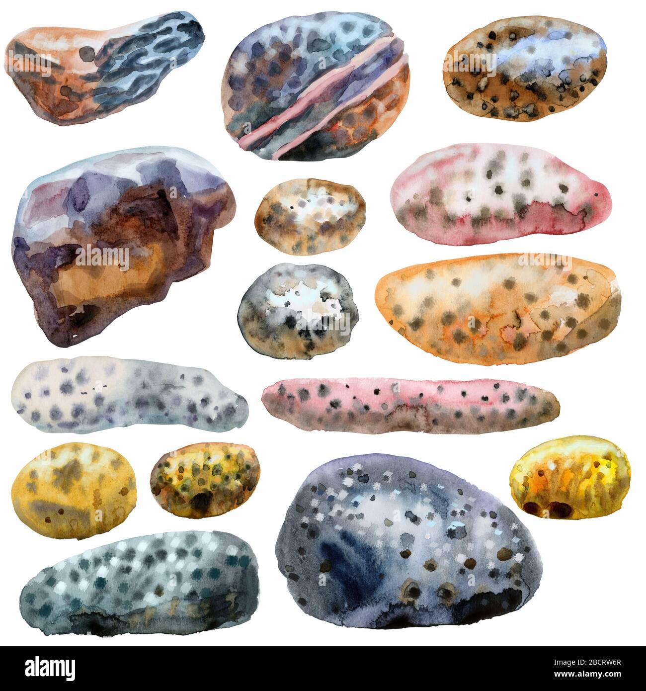 Set of watercolour painting fifteen flat pebbles Stock Photo - Alamy