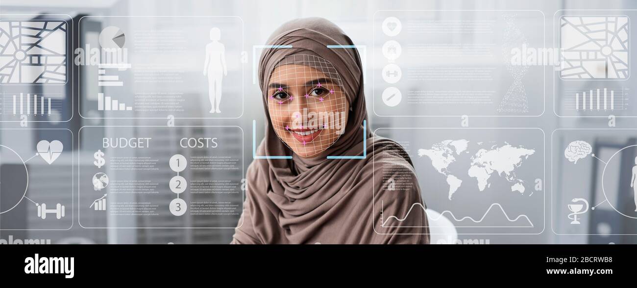 Personal data collection. Face scan of Muslim woman in hijab at home ...