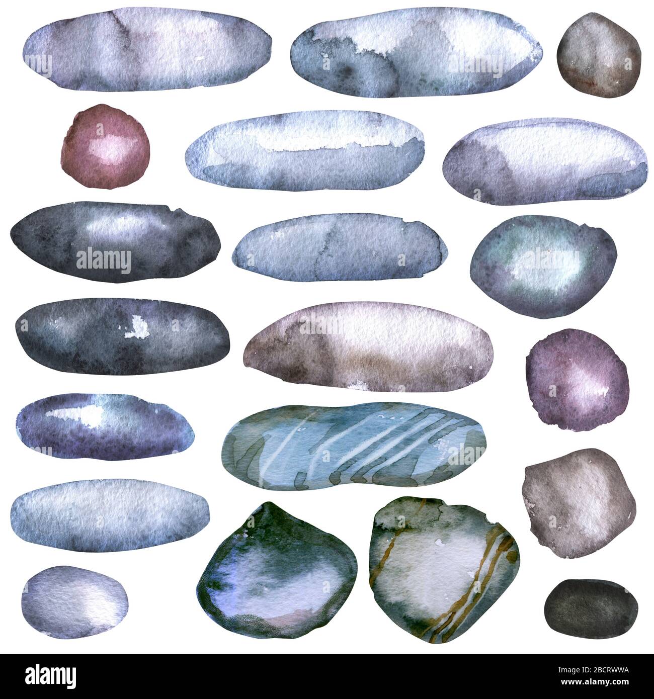 Set of watercolour painting twenty flat pebbles Stock Photo - Alamy