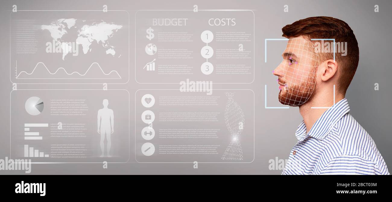 Biometric data collection. Face recognition of Caucasian male, collage ...