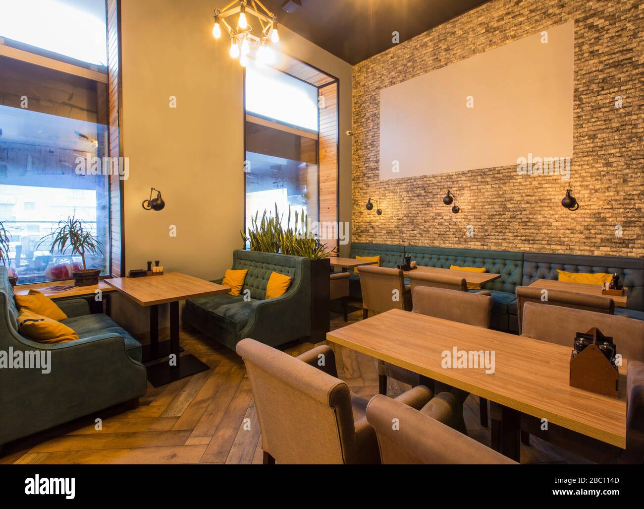 Concept of dining, breakfast, brunch, or lunch in modern restaurant ...