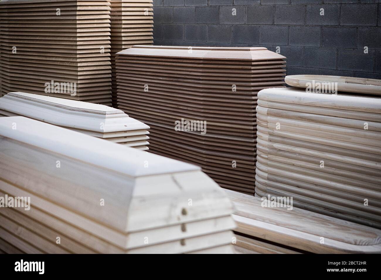 April 3, 2020, Barcelona, Spain: Wood for making coffins seen stored at ...