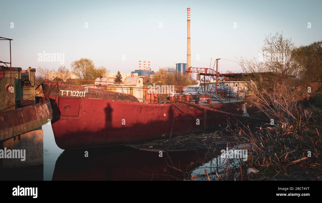 Zagreb Sava river old, forsaken and abandoned, rusty ships, anchored at ...