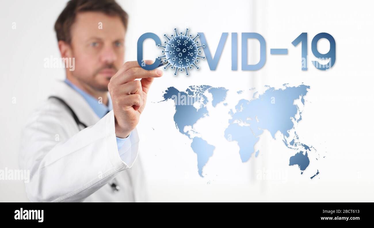 doctor touch screen with the written covid 19 and the corona virus ...