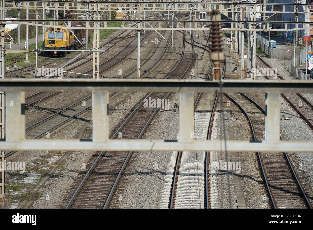 Multiple track railway, in perspective, train station in Schlieren ...