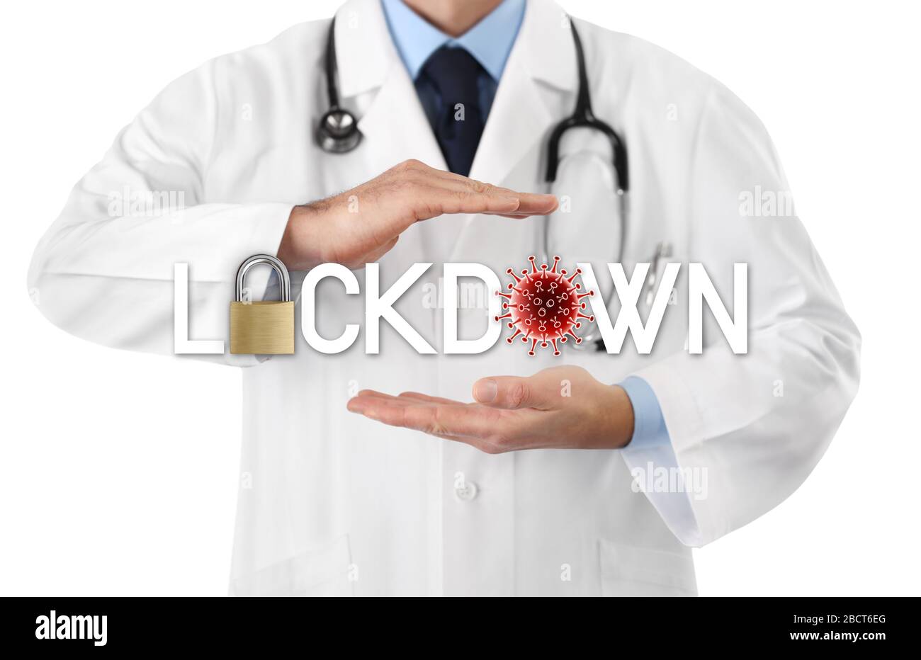 doctor hands with lockdown text padlock and red corona virus symbol ...