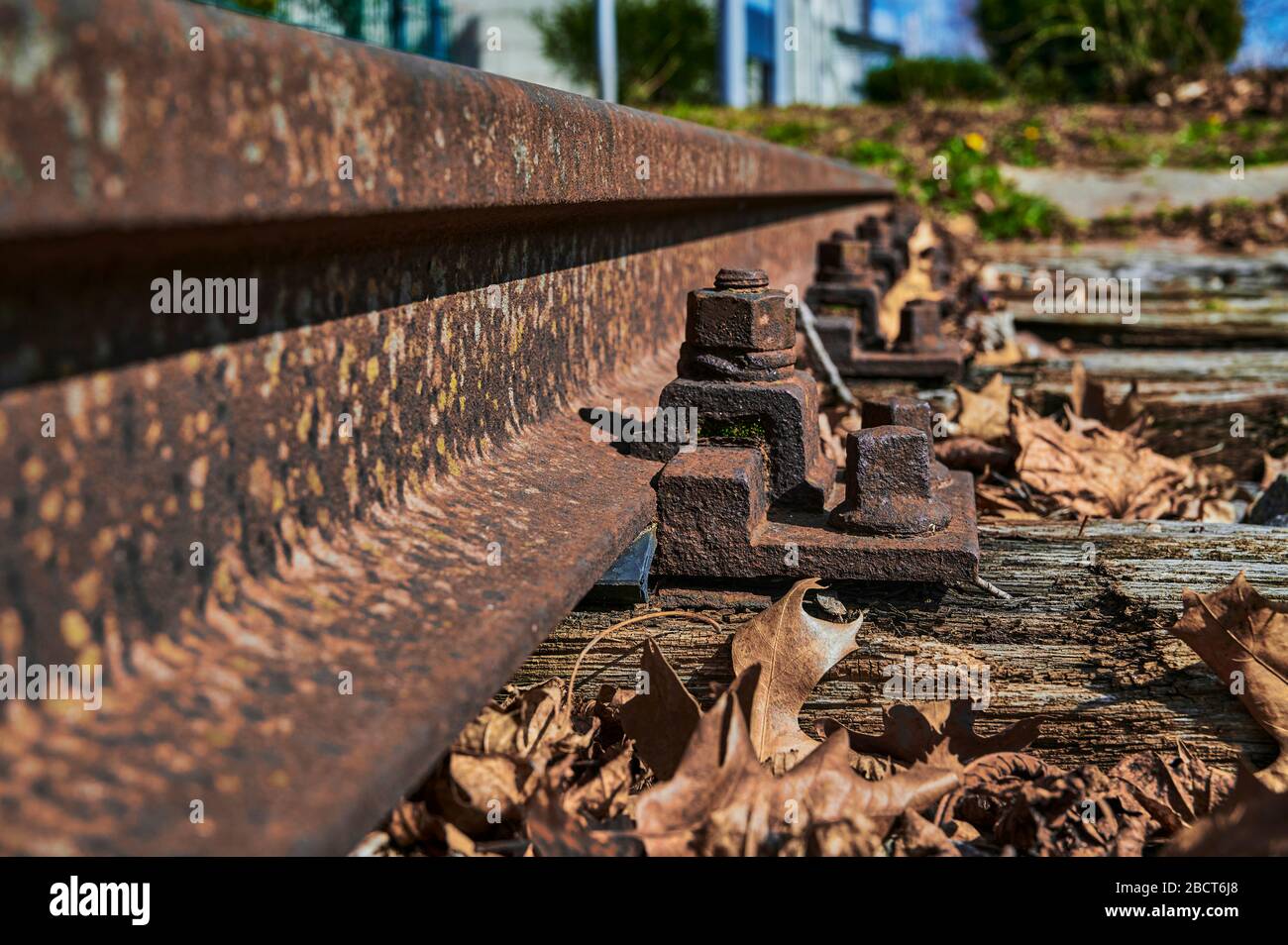 Detail of an old and rusty railroad track with a weathered railroad tie ...