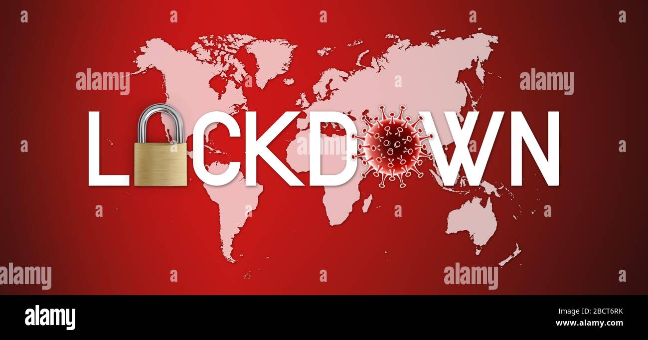 lockdown text written with padlock and corona virus symbol icon on ...