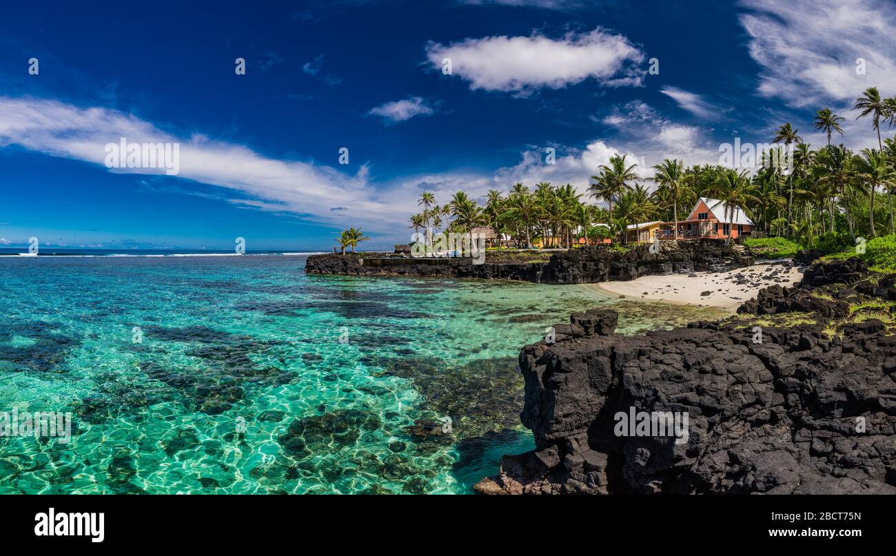 Tropical beach on south side of Samoa Island with coconut palm trees ...