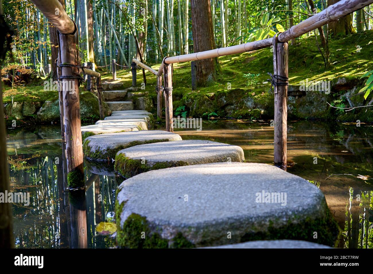 Stone path over the pond in Japanese garden Stock Photo - Alamy