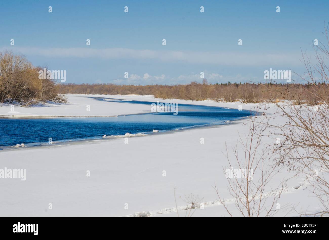 Spring. Little river in the spring. Melting snow and ice drift Stock ...