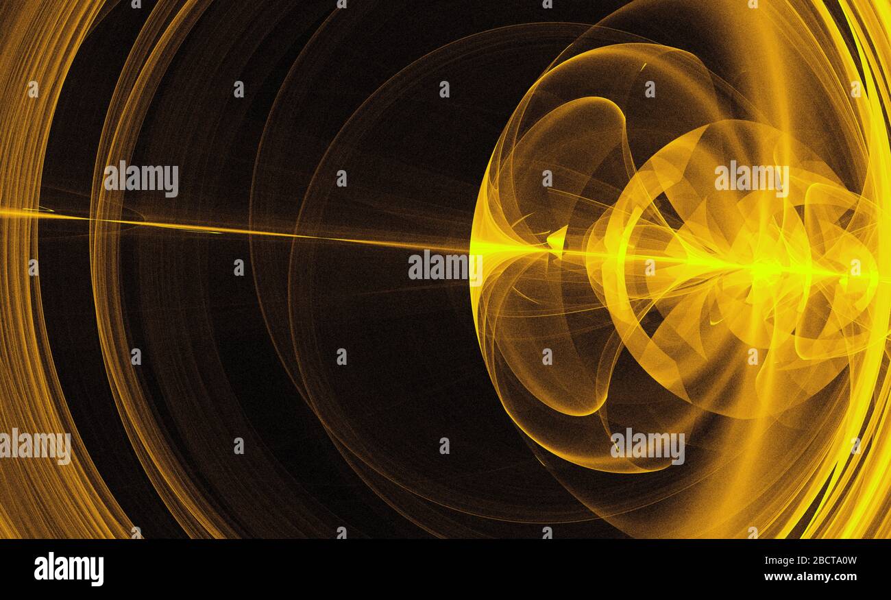 Neon glowing yellow twisted cosmic lines flying in the space ...