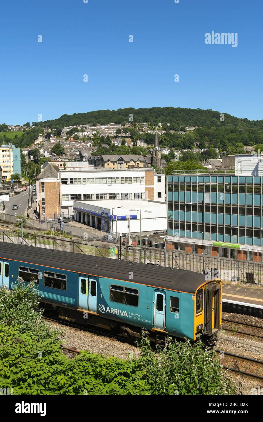 PONTYPRIDD, WALES - JUNE 2018: View of the town of Pontypridd with ...
