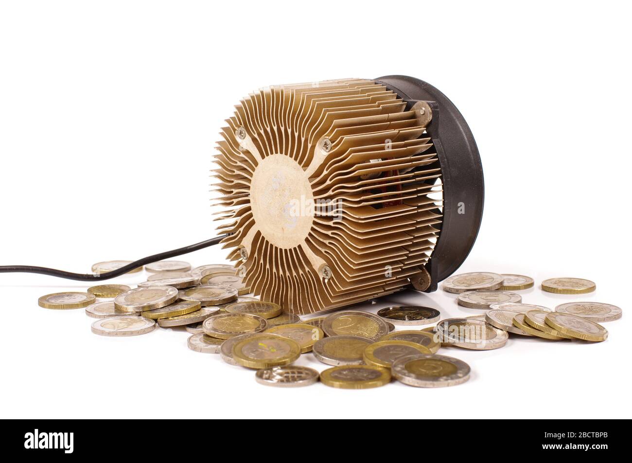 Electronic equipment for bitcoin mining and metal coins isolated on the ...