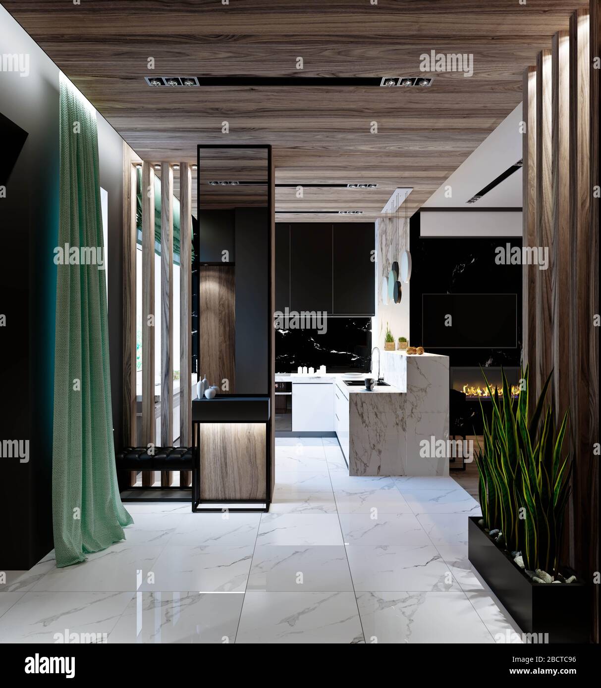 living room with kitchen, hallway and dining room, fireplace, wood ...