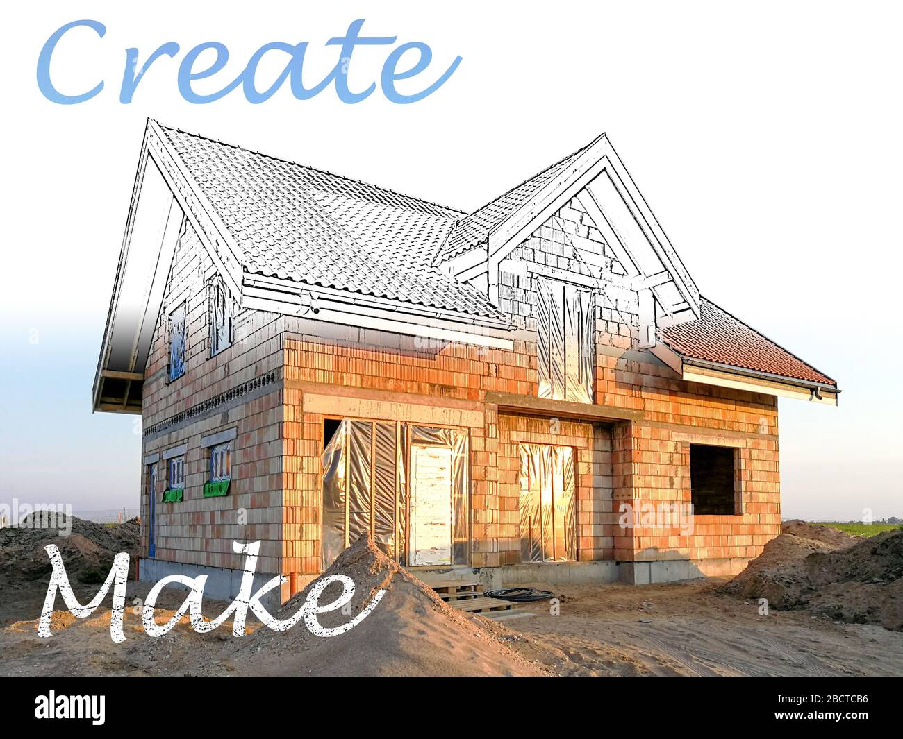 House begins from project and architectural drawing. Two composed views ...