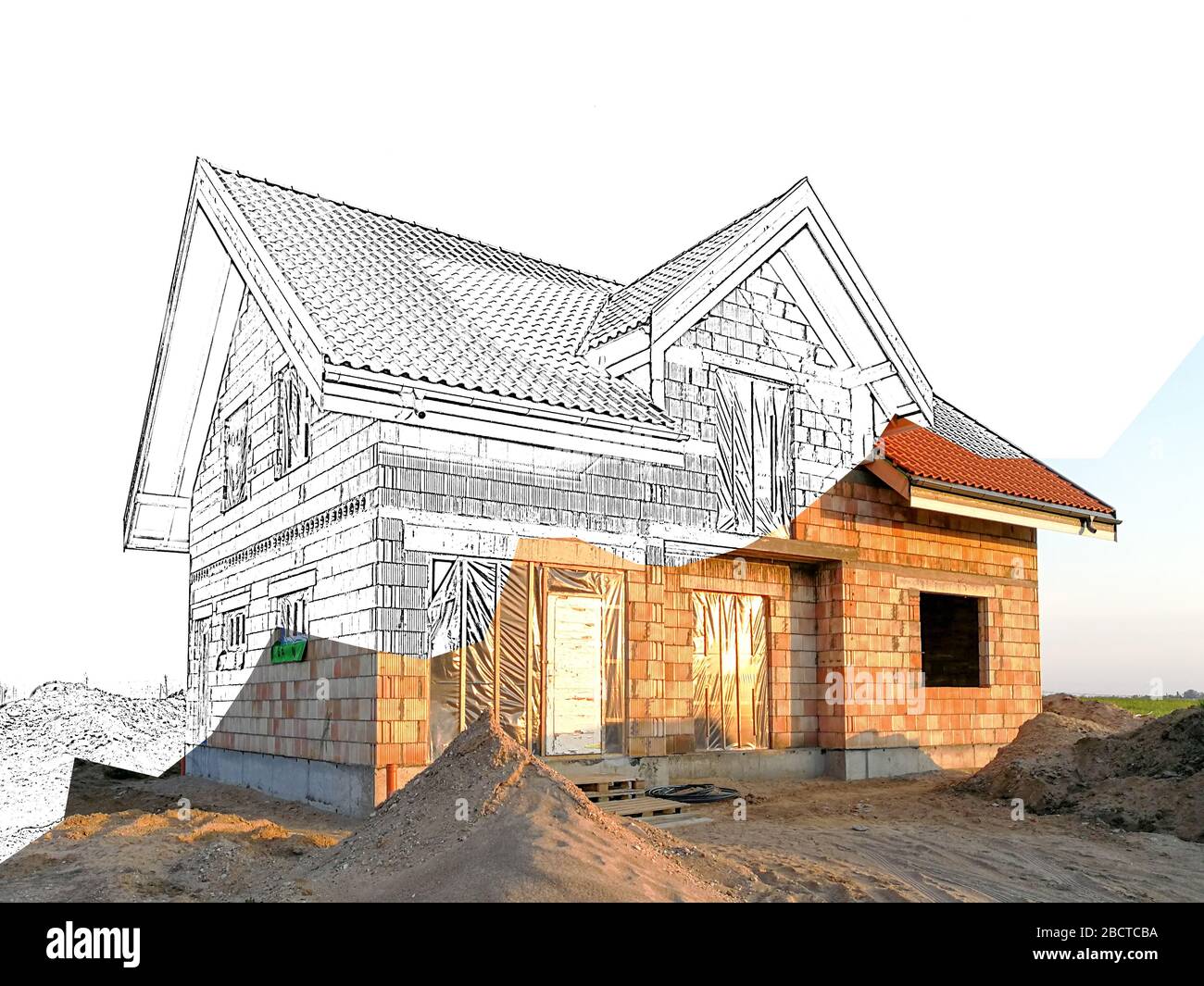 House begins from project and architectural drawing. Two composed views ...