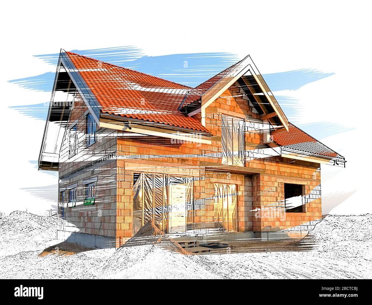 House begins from project and architectural drawing. Two composed views ...