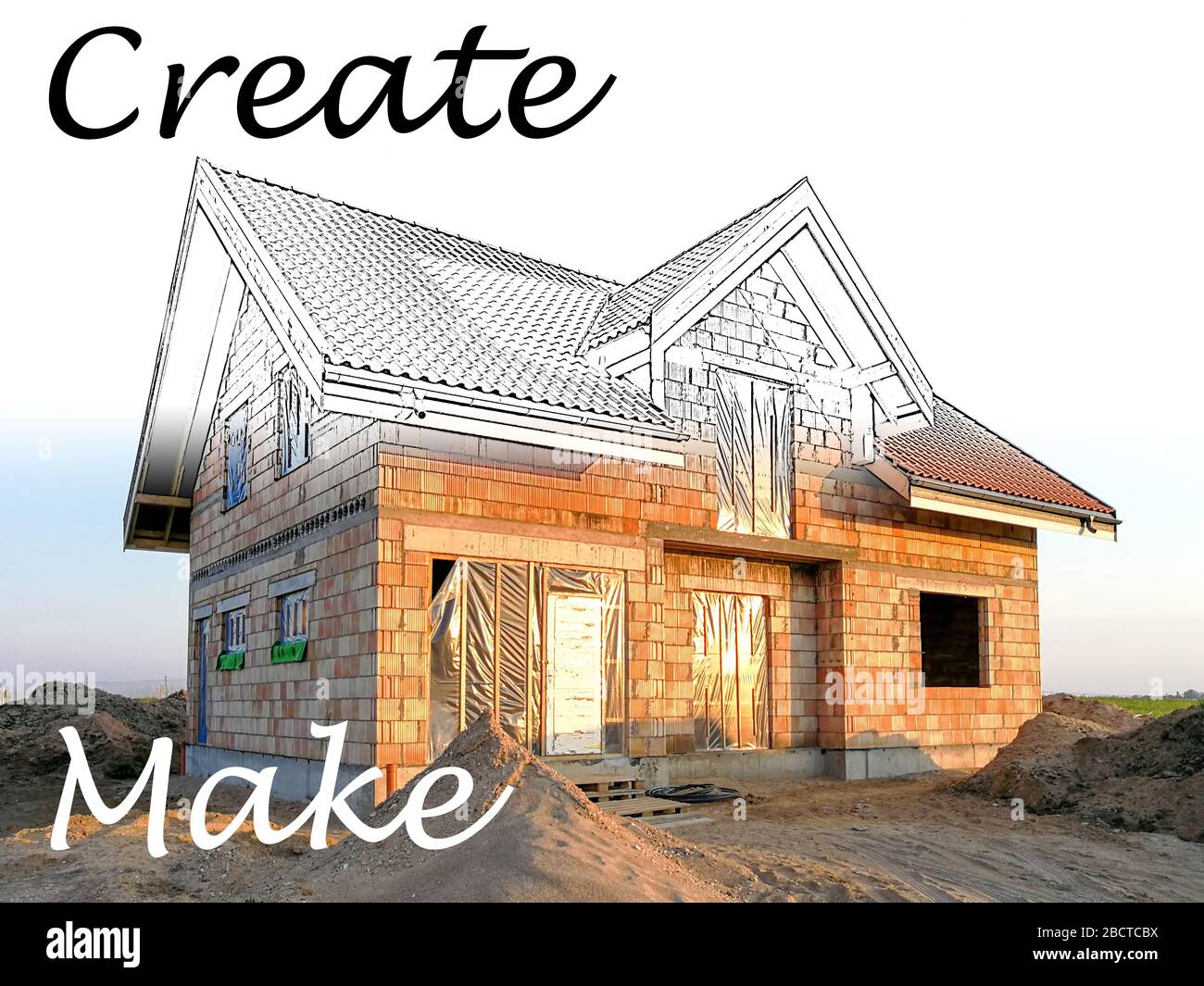 House begins from project and architectural drawing. Two composed views ...
