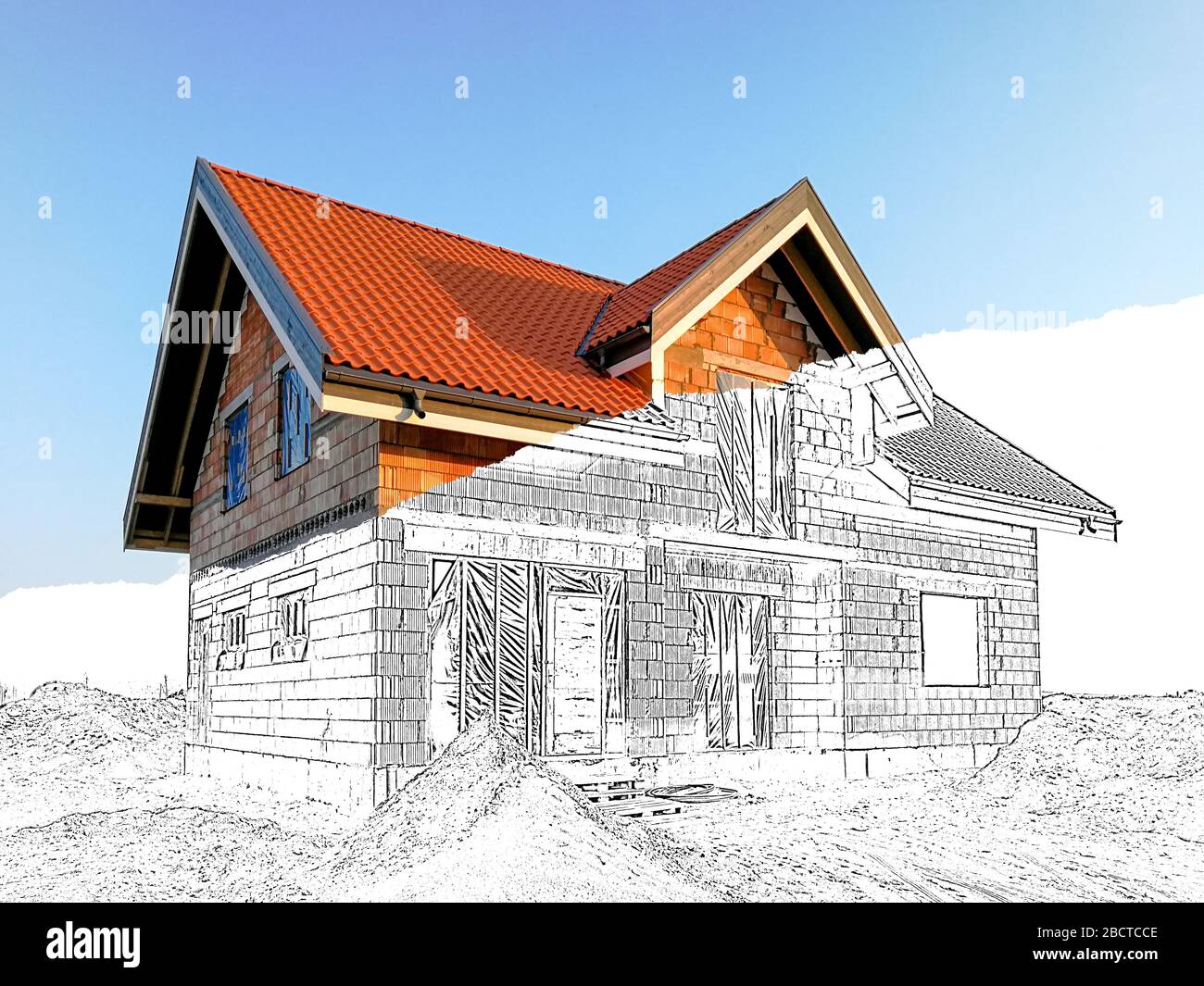 House begins from project and architectural drawing. Two composed views ...