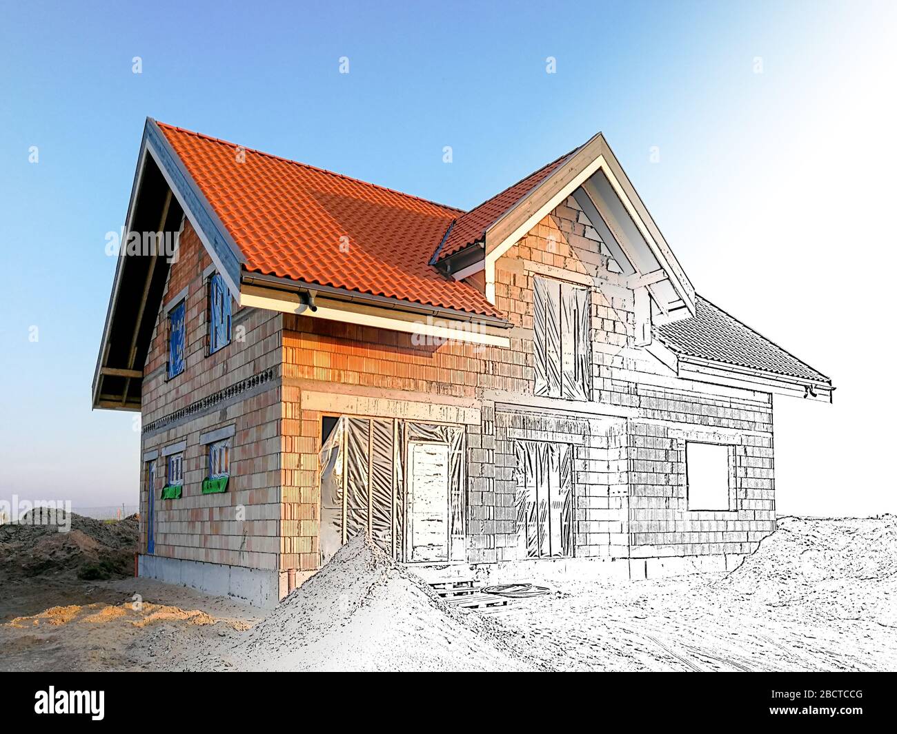 House begins from project and architectural drawing. Two composed views ...