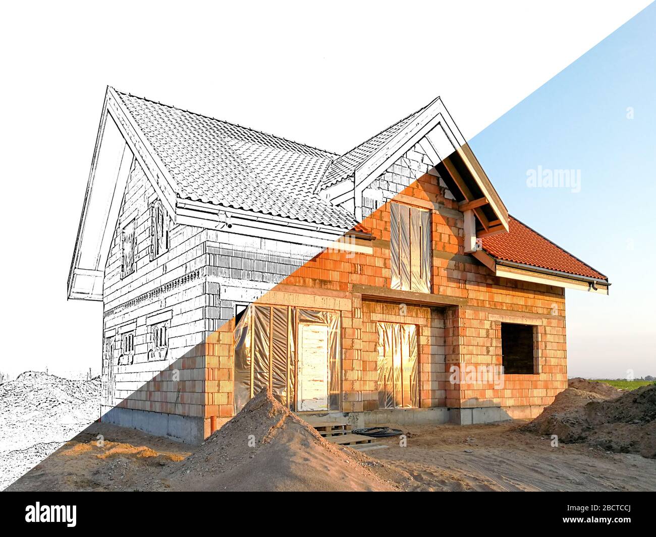 House begins from project and architectural drawing. Two composed views ...