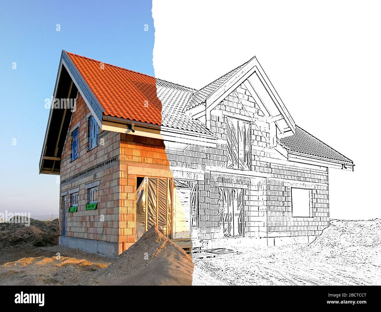House begins from project and architectural drawing. Two composed views ...