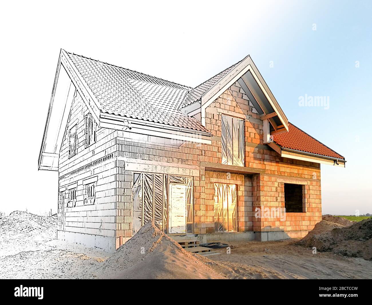 House begins from project and architectural drawing. Two composed views ...