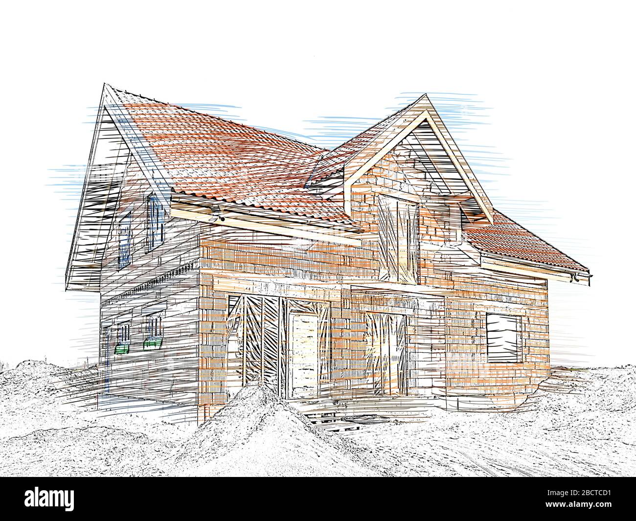 House begins from project and architectural drawing. Two composed views ...