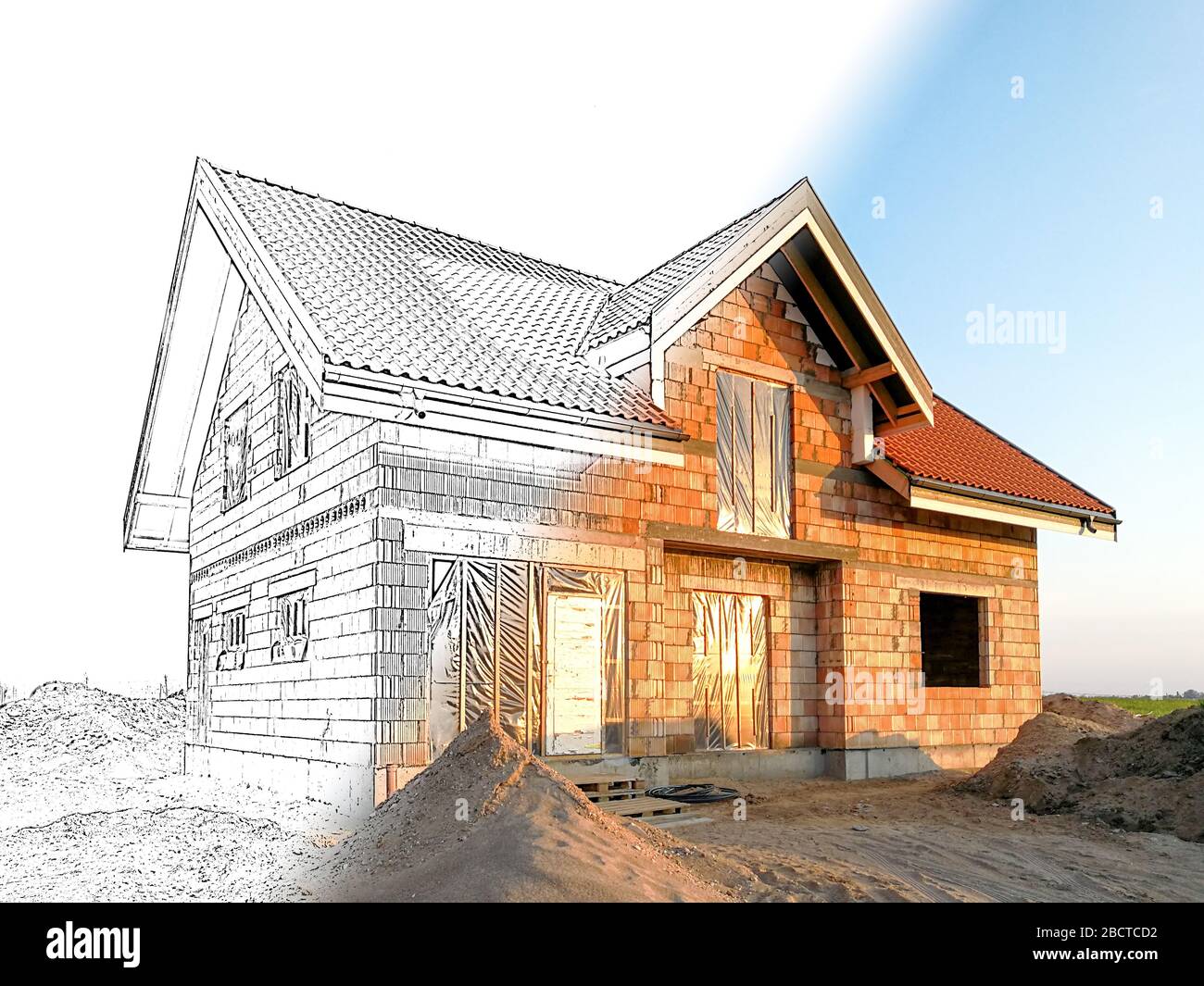 House begins from project and architectural drawing. Two composed views ...