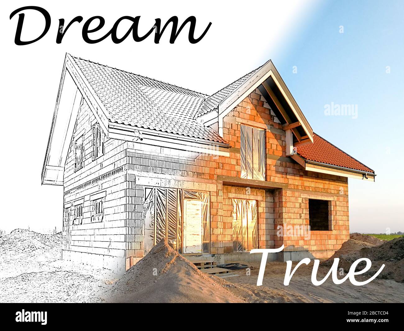 House begins from project and architectural drawing. Two composed views ...