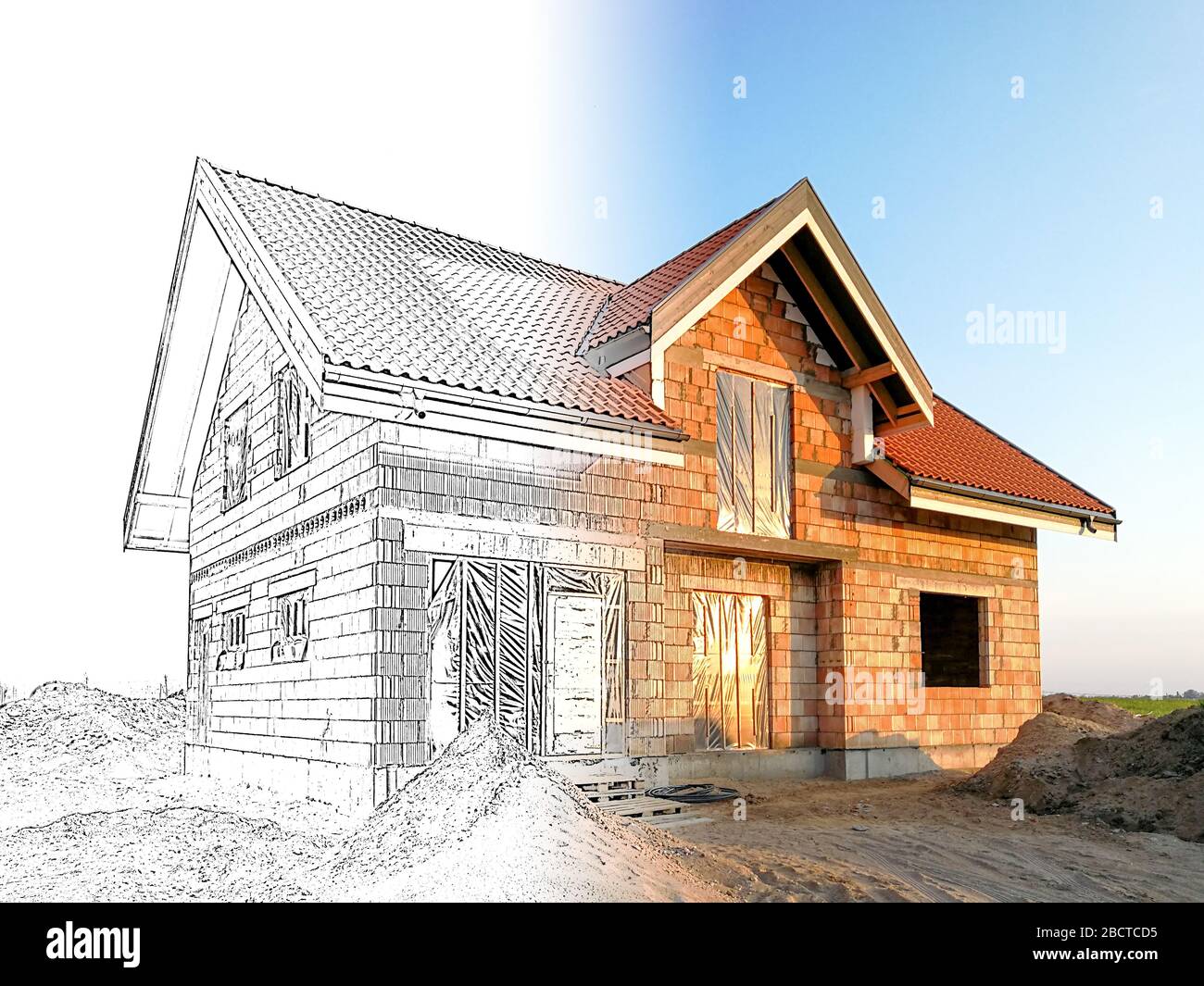 House begins from project and architectural drawing. Two composed views ...