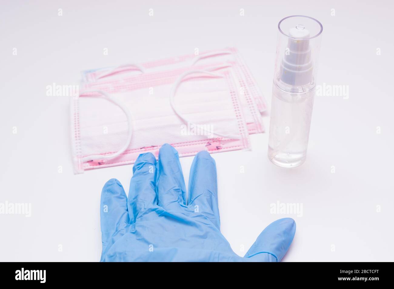 Protective mask, disinfectants and gloves. Hygiene concept. prevent the ...