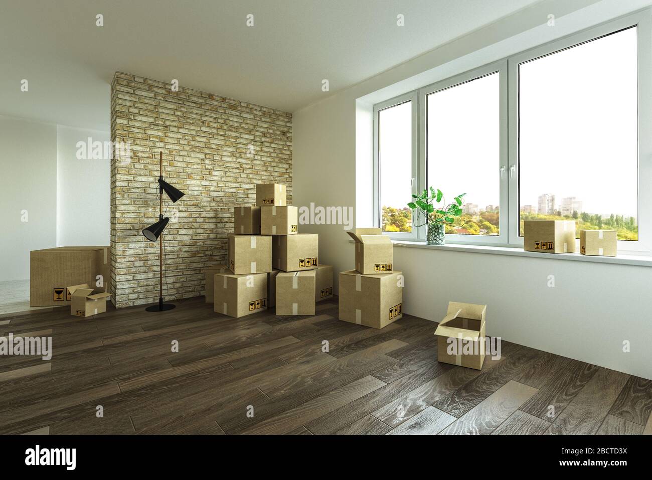 Interior moving house with cardboard boxes on floor Stock Photo - Alamy