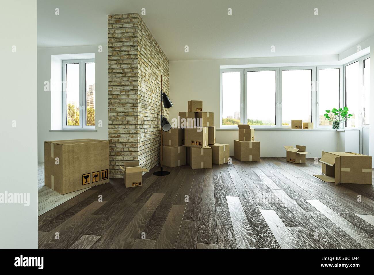 Interior moving house with cardboard boxes on floor Stock Photo - Alamy