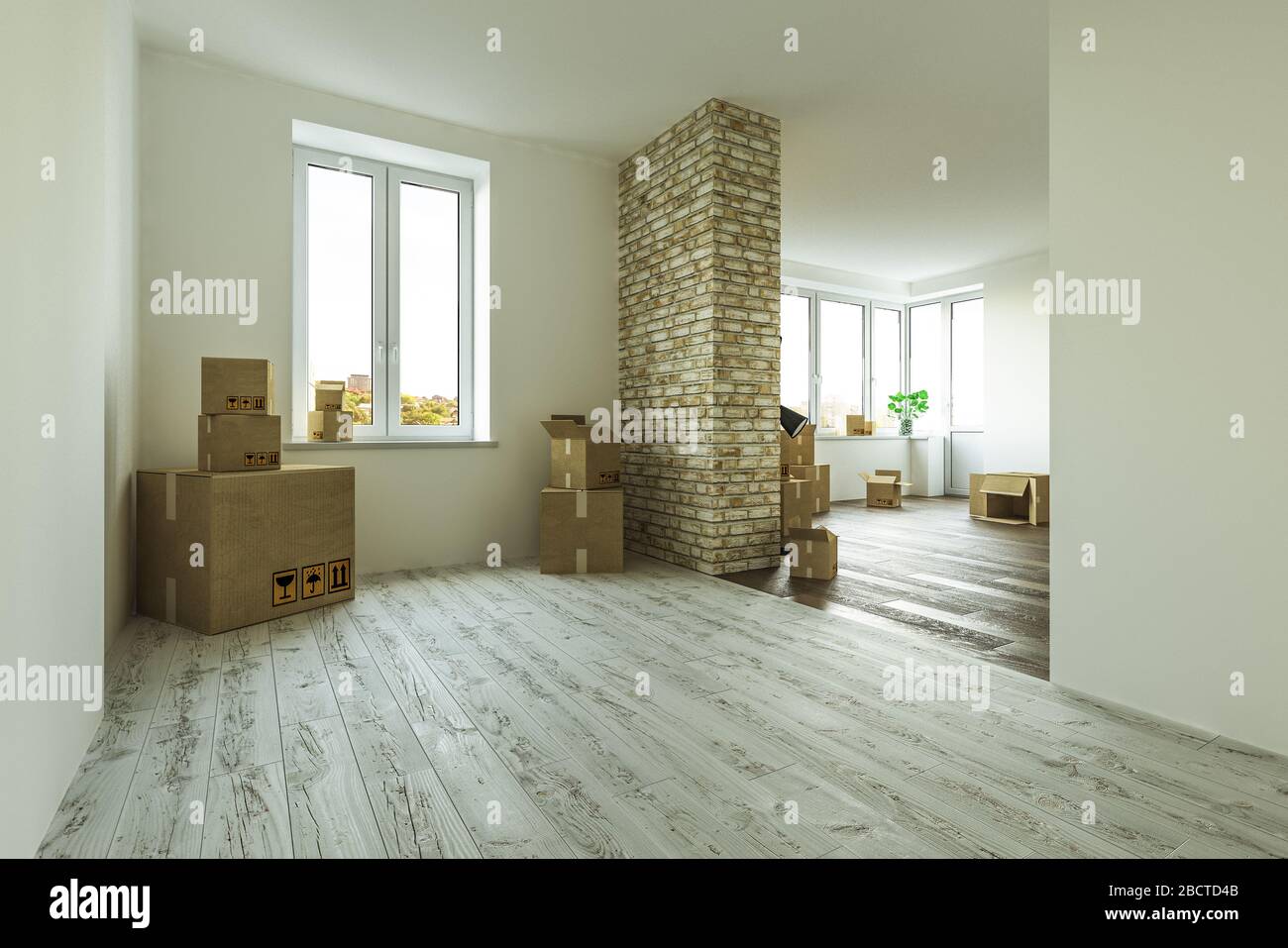 Interior moving house with cardboard boxes on floor Stock Photo - Alamy