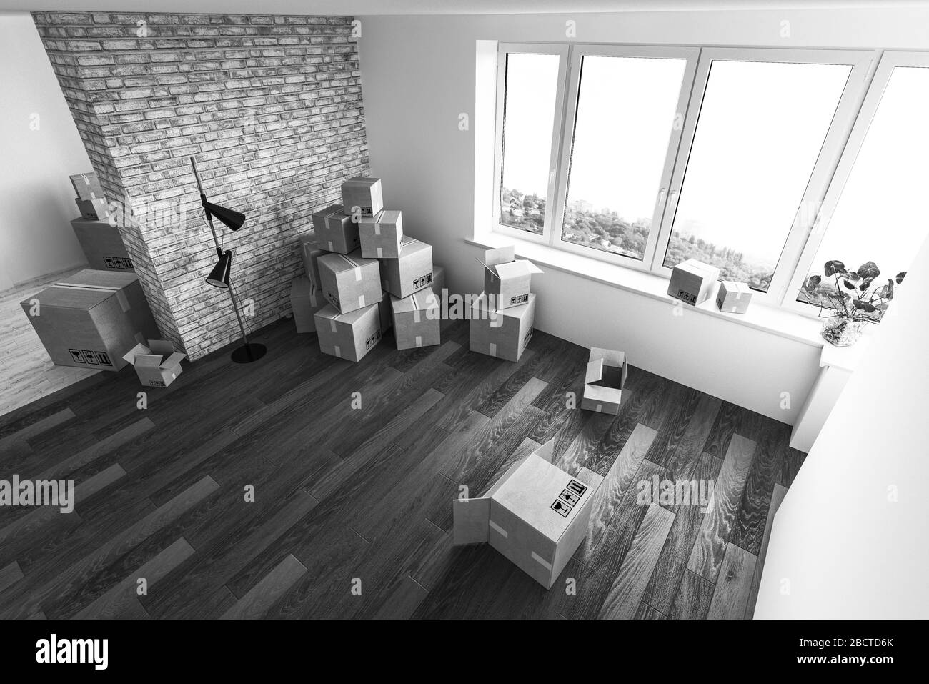 Interior moving house with cardboard boxes on floor Stock Photo - Alamy