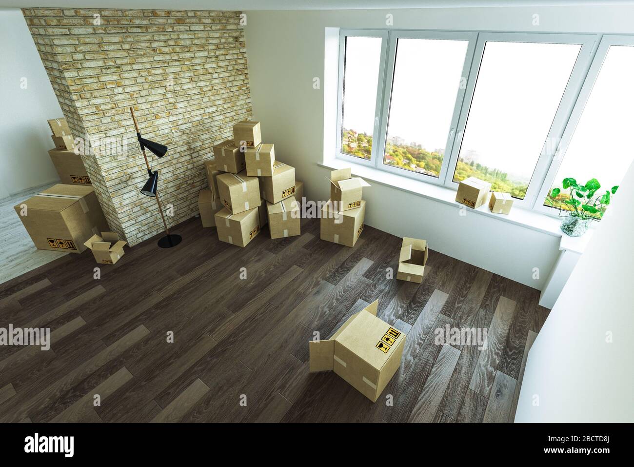 Interior moving house with cardboard boxes on floor Stock Photo - Alamy