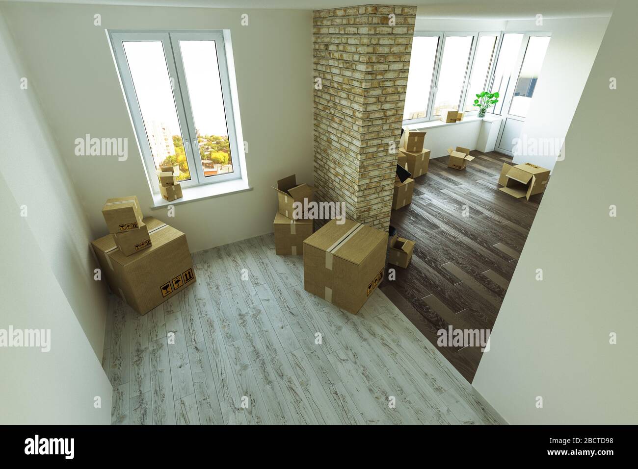 Interior moving house with cardboard boxes on floor Stock Photo - Alamy