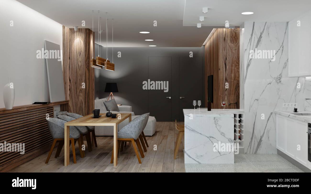 interior Design. Modern living room with hallway and kitchen-dining ...