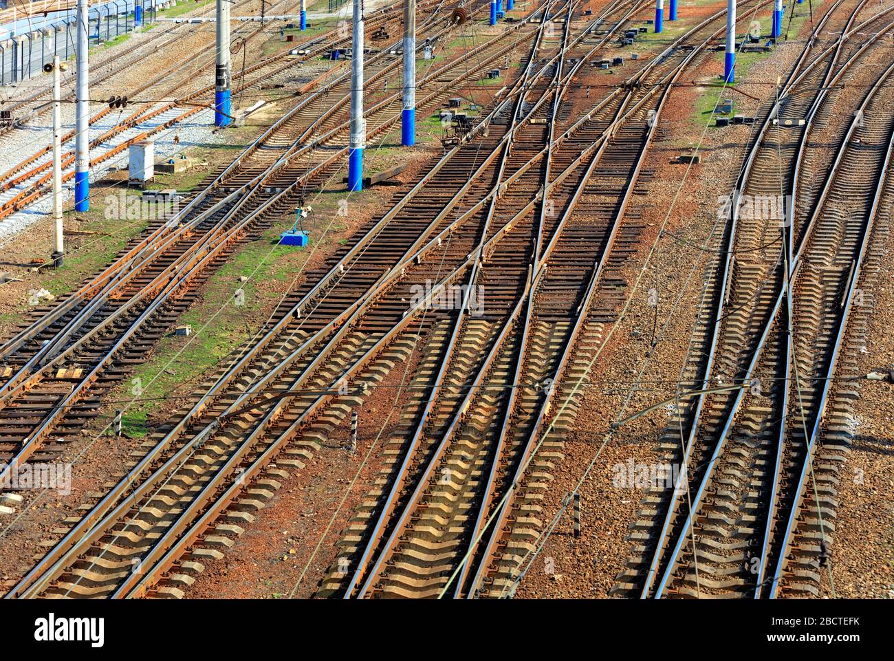 Branched multi-channel railway network for trains, diagonal perspective ...