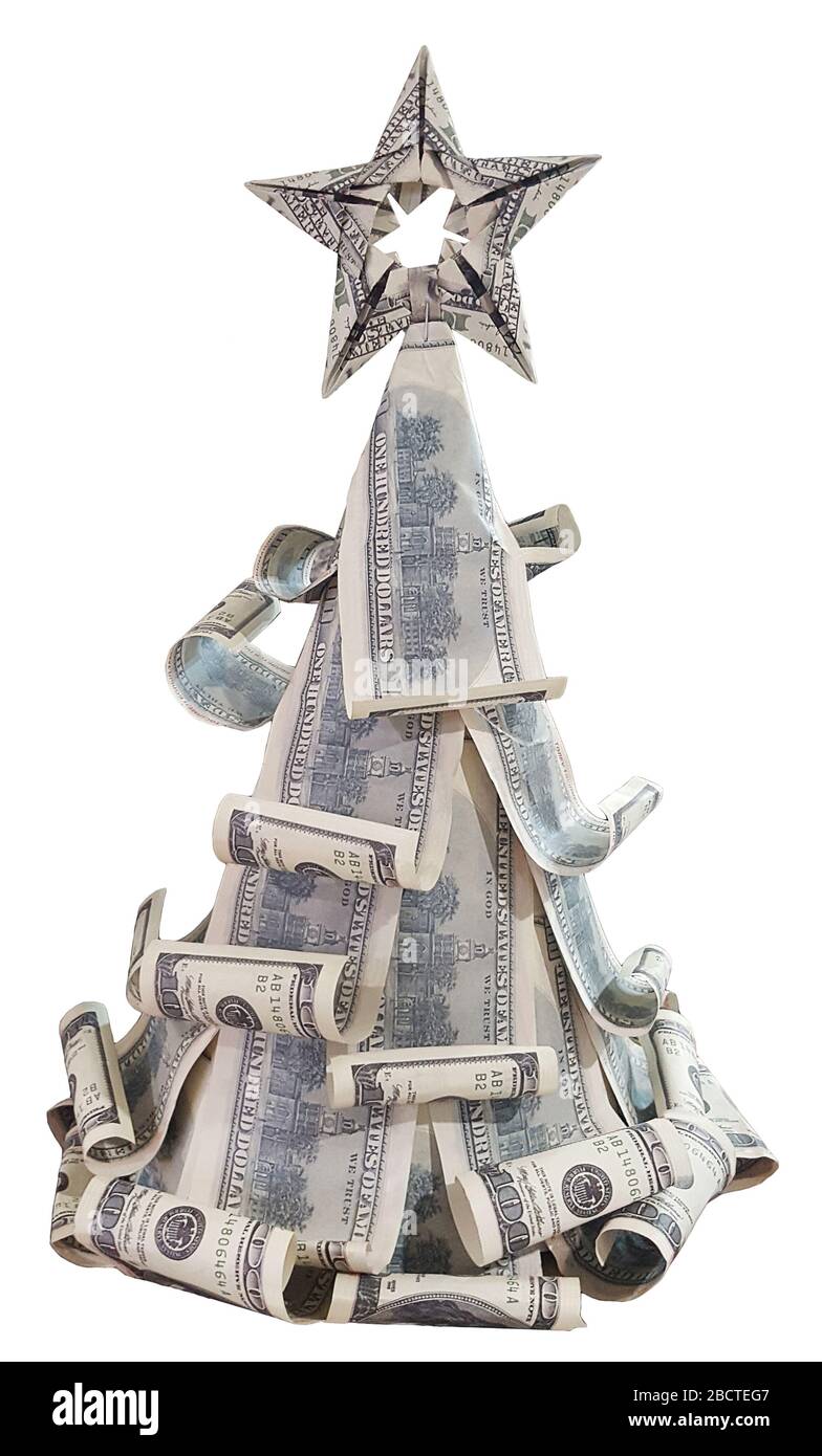 Money Christmas tree with star on top on white background isolated ...