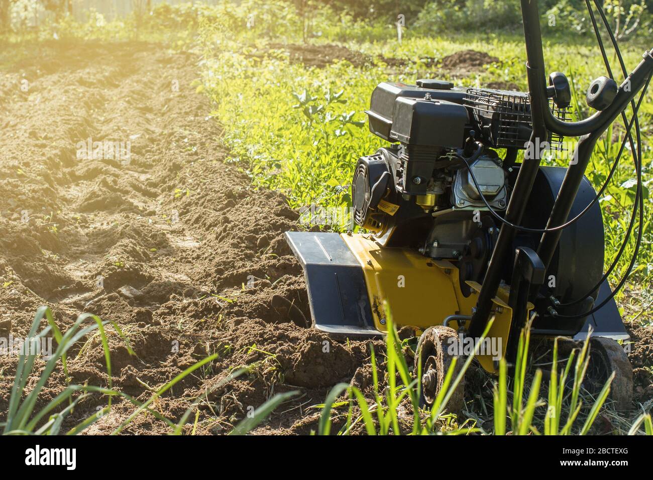 A close up view on motor cultivator during plow process spring season ...