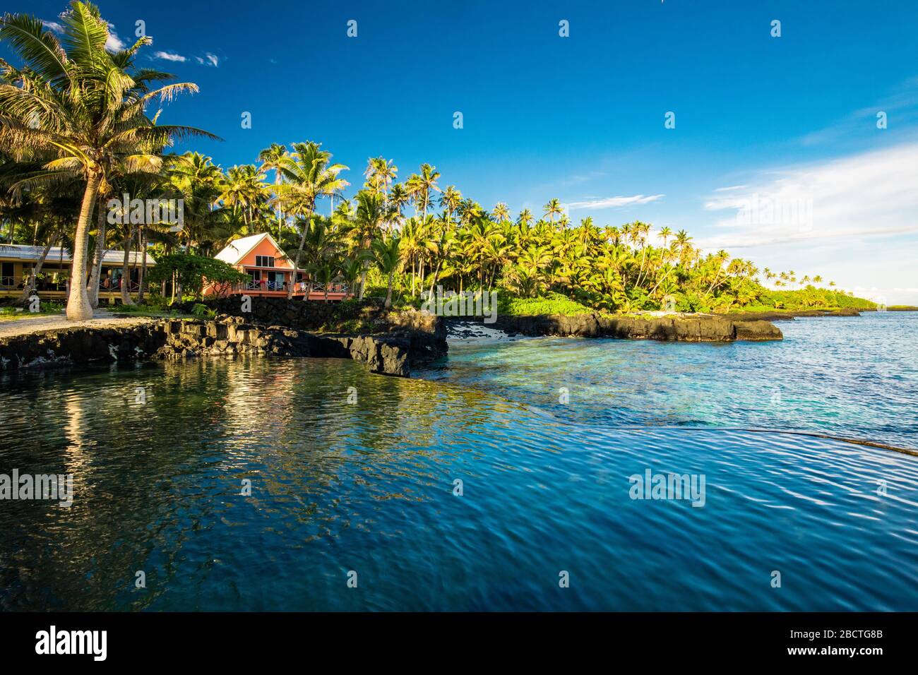 Tropical beach on south side of Samoa Island with coconut palm trees ...