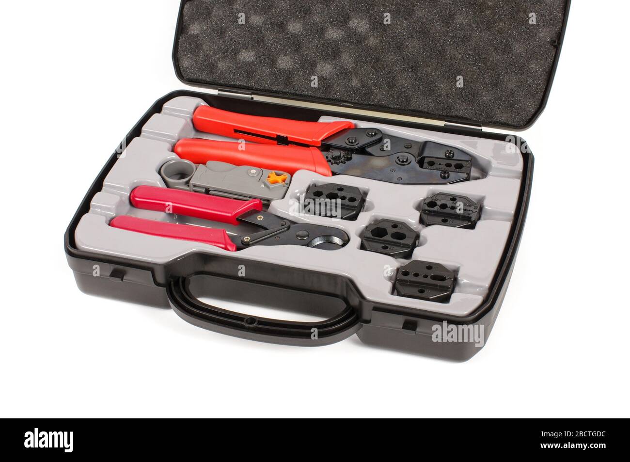 Radio frequency cable termination and crimping tools kit Stock Photo ...