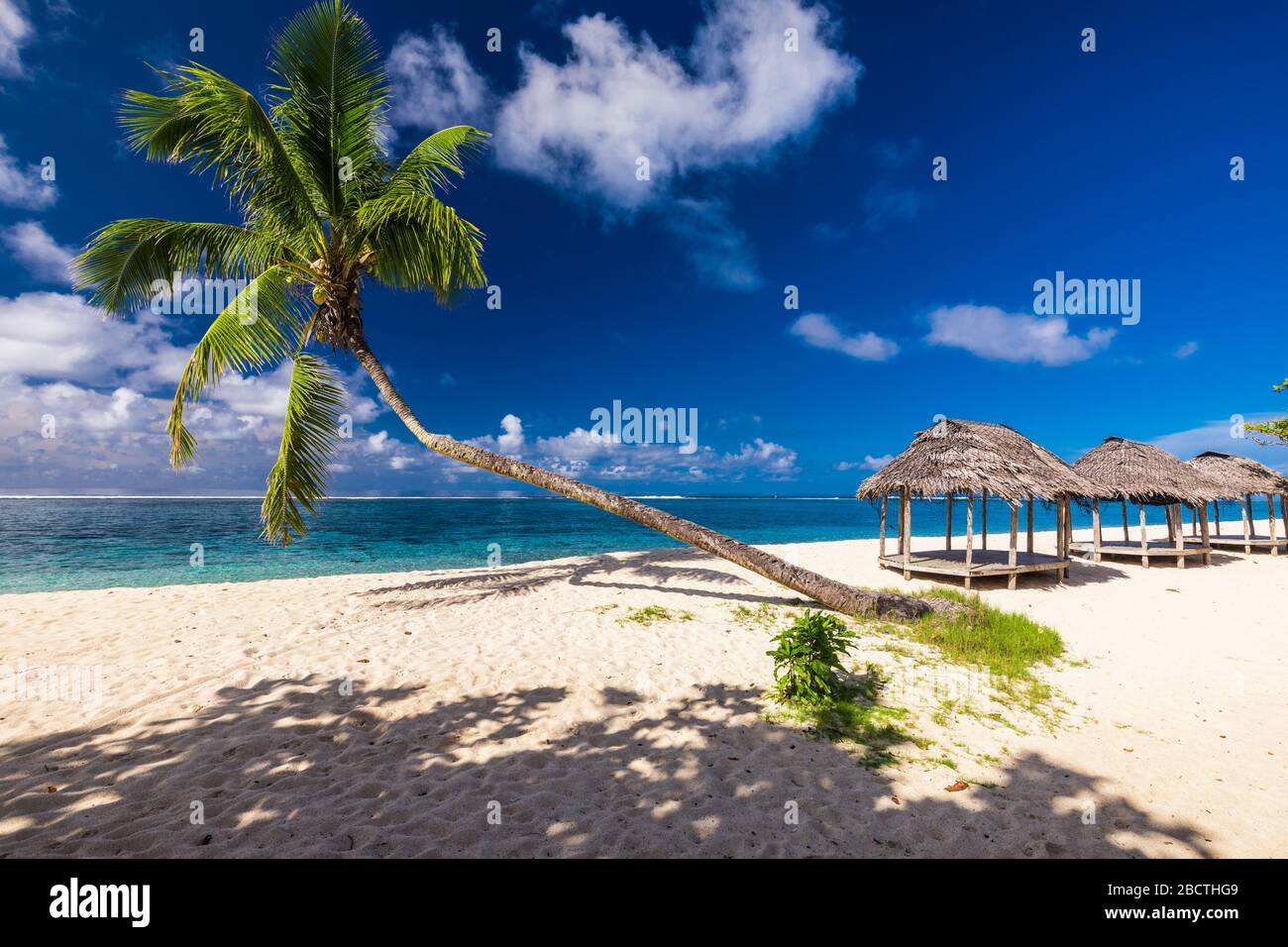 Lalomanu beach with open huts called fales, south side of Upolu Island ...